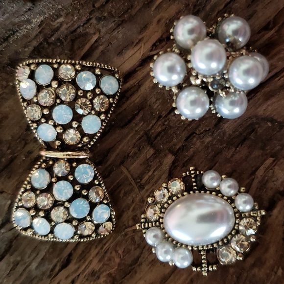 Jewelry | 3 Rhinestone Pins Bow Pin Bow Brooch Pearl Brooch Pearl Pin ...